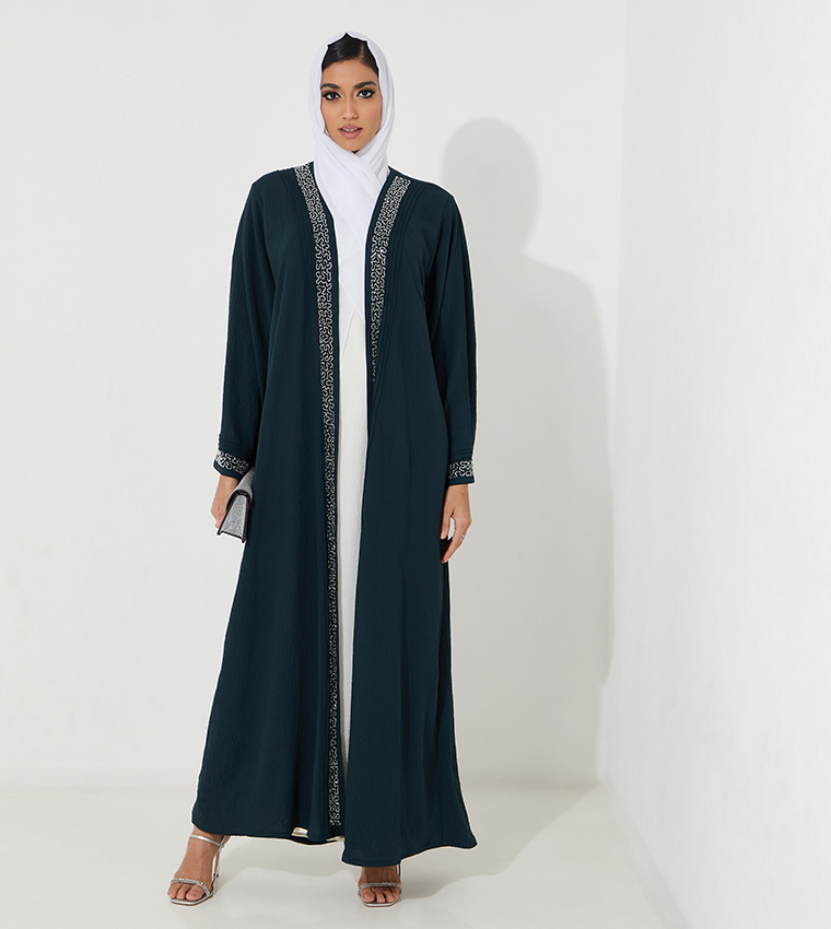 Buy Roza Abaya Stone Embellished Flared Abaya With Inner Dress In Green ...