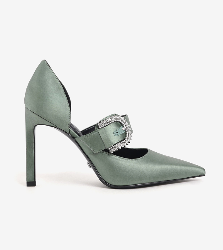 Buy Charles & Keith Satin Embellished Buckle Mary Jane Heels Sage Green ...