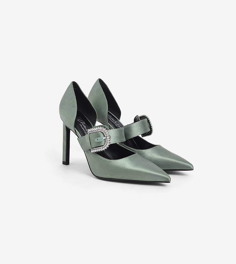 Buy Charles & Keith Satin Embellished Buckle Mary Jane Heels Sage Green ...