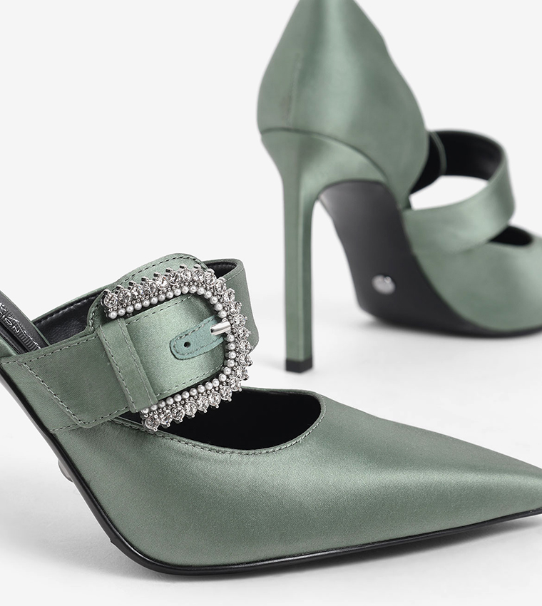Buy Charles & Keith Satin Embellished Buckle Mary Jane Heels Sage Green ...