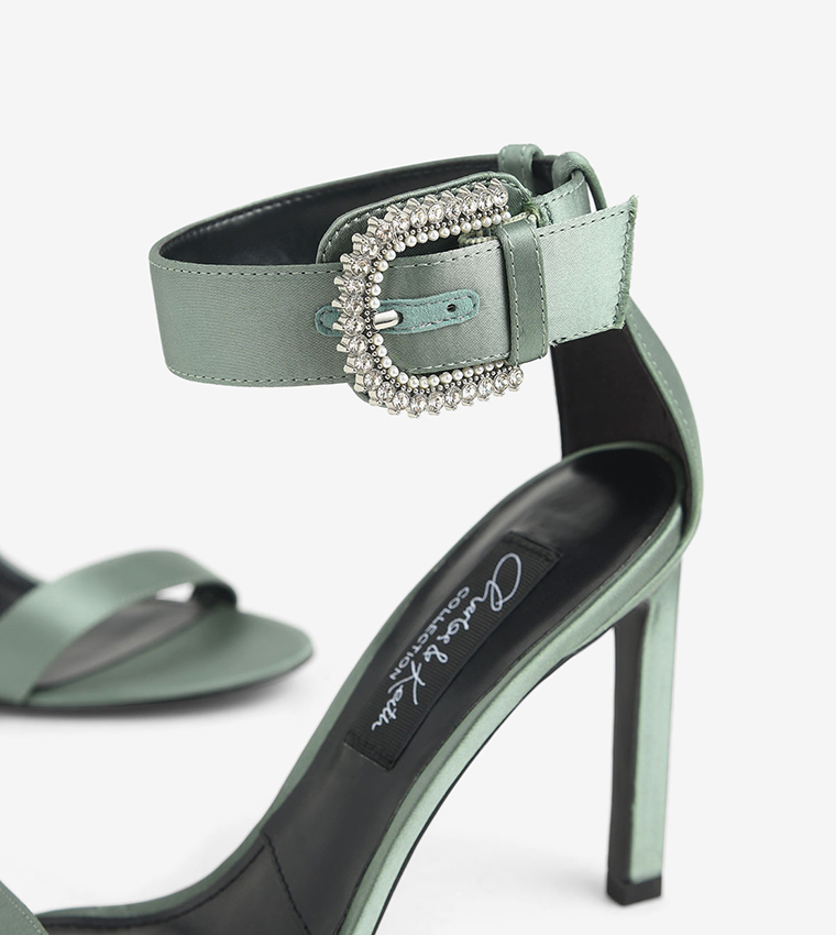 Buy Charles & Keith Satin Embellished Buckle Stiletto Heels Sage Green ...