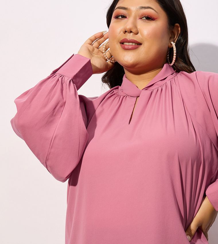 Buy Sassafras Plus Front Twisted Detail Keyhole Neck Top In Rose ...