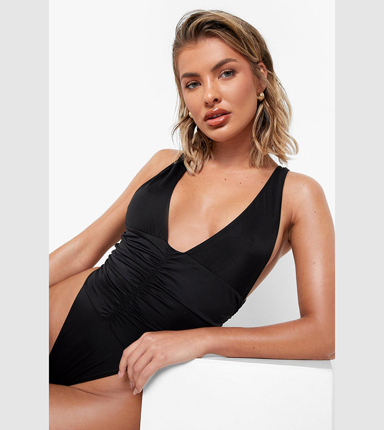 Buy Boohoo Plunge Ruched Waist High Leg Swimsuit In Black 6thstreet Qatar
