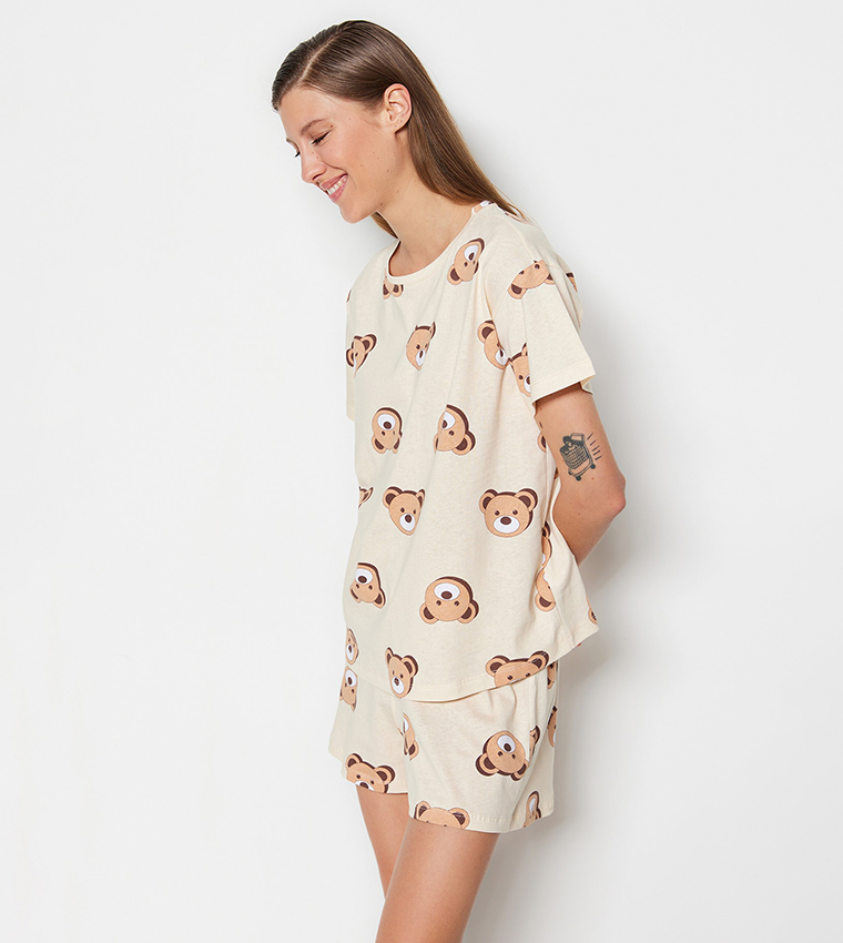 Buy Trendyol Teddy Bear Print Shorty Pyjama Set In Ecru | 6thStreet UAE