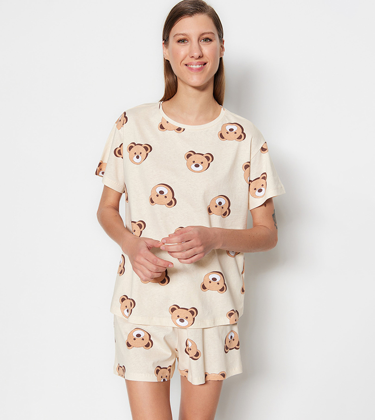 Buy Trendyol Teddy Bear Print Shorty Pyjama Set In Ecru | 6thStreet UAE