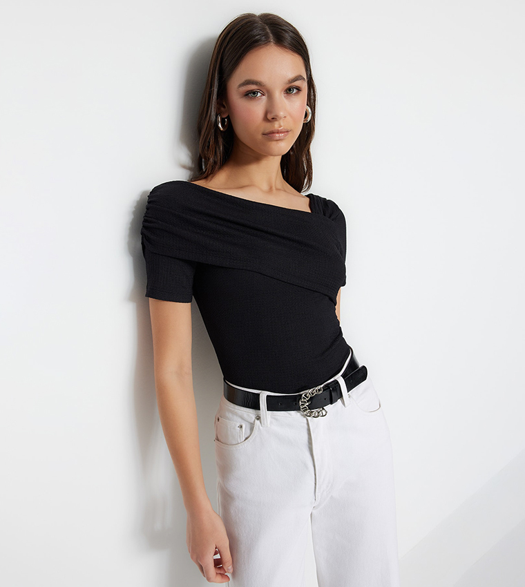 Buy Trendyol Outlet Short Sleeves Sleeping Snaps Top In Black ...