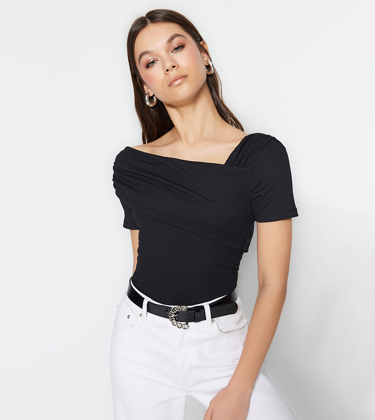 Buy Trendyol Outlet Short Sleeves Sleeping Snaps Top In Black ...