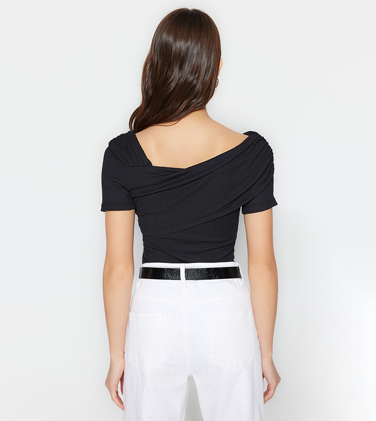 Buy Trendyol Outlet Short Sleeves Sleeping Snaps Top In Black ...