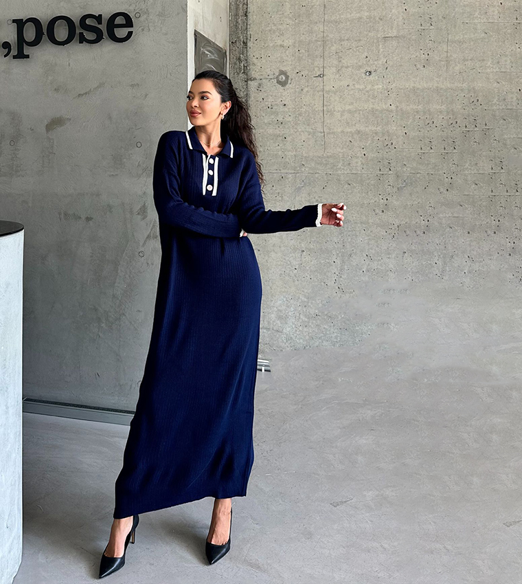 Buy MODAGEN Contrast Trim Collared Knit Maxi Dress In Navy | 6thStreet UAE