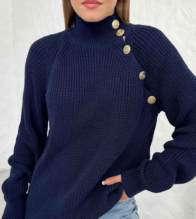 Buy Know Outlet Button Detail High Neck Sweater In Navy | 6thStreet UAE