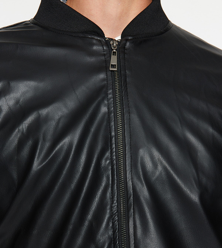Buy Trendyol Bomber Collar Faux Leather Jacket In Black | 6thStreet UAE