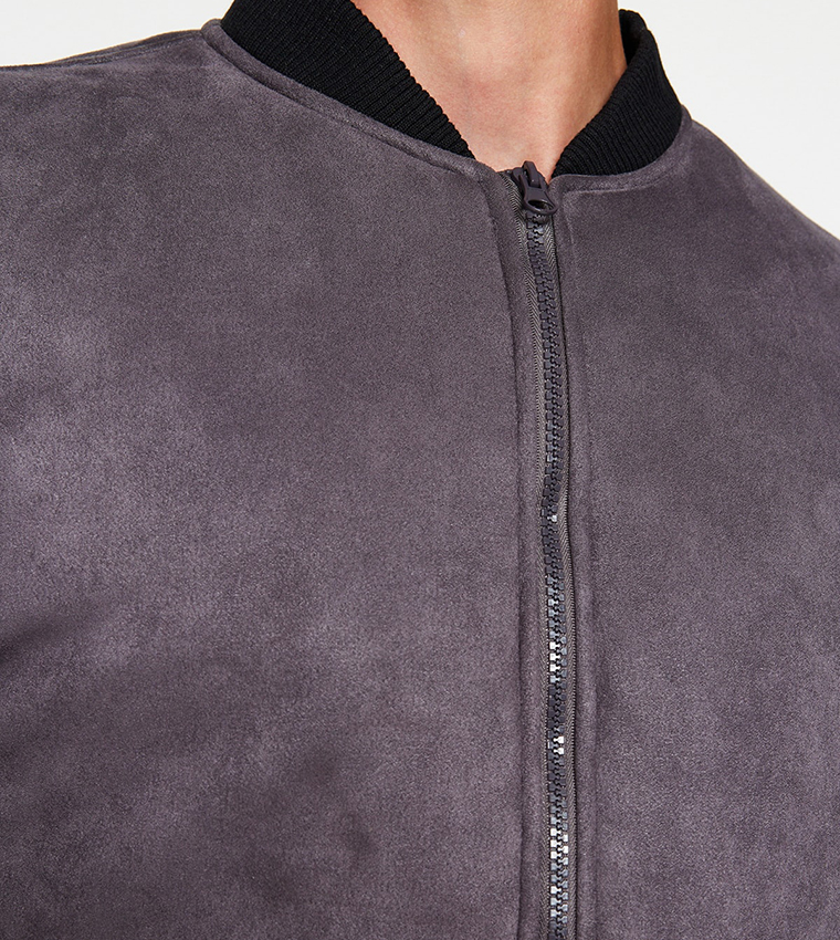 Buy Trendyol Regular Fit Bomber Collar Suede Jacket In Grey | 6thStreet ...