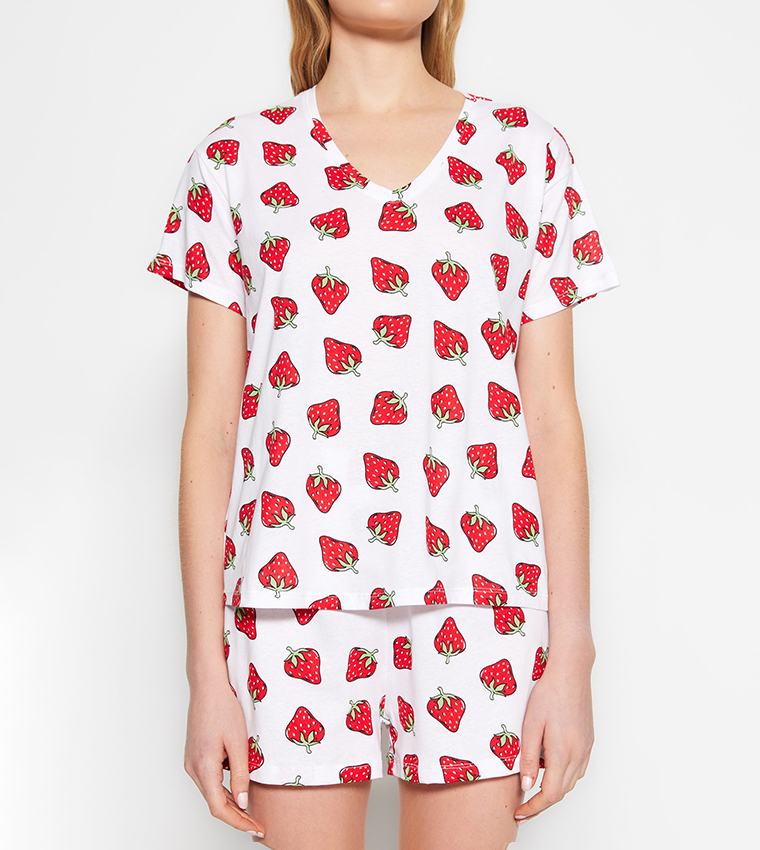 Buy Trendyol Strawberry Print Shorty Pajama Set In White | 6thStreet Kuwait