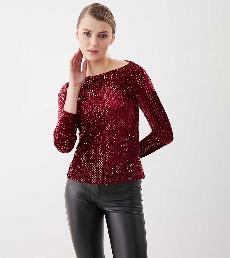 Buy Vitrin Sequins Long Sleeves Top In Burgundy | 6thStreet Kuwait