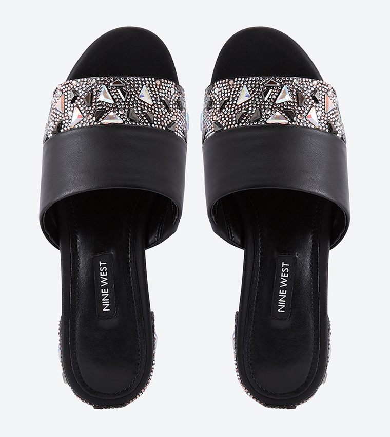 Buy Nine West Interpret Rhinestone Encrusted Block Heel Slides Black In ...