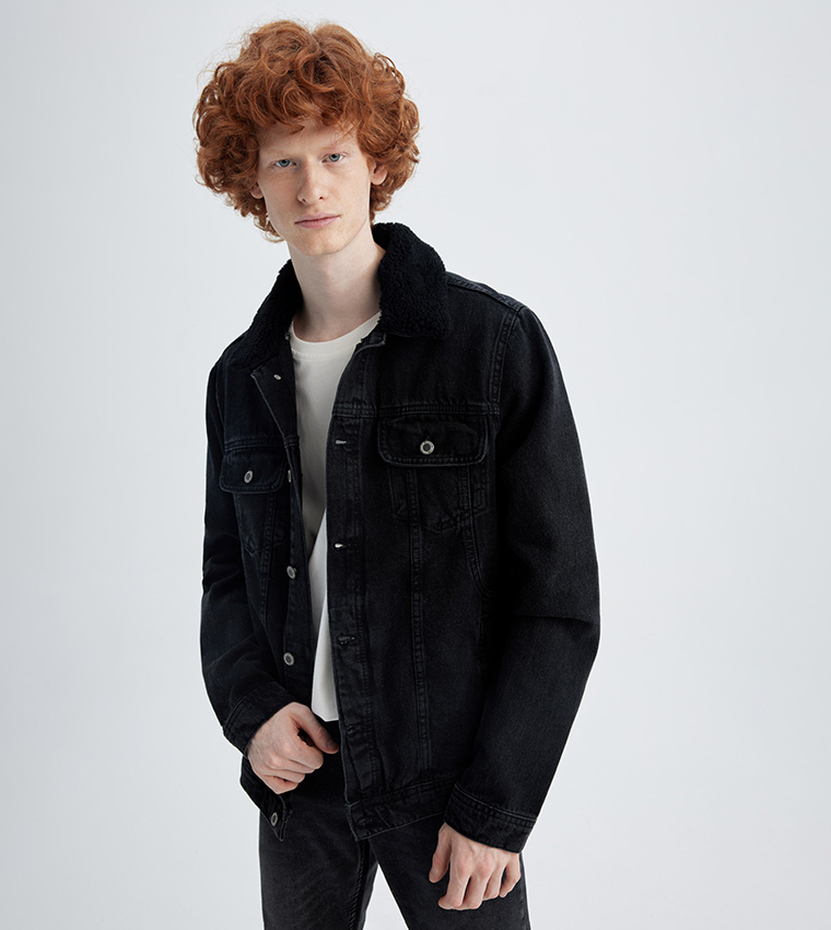 Buy DeFacto Slim Fit Fur Detailed Denim Jacket In Black | 6thStreet ...